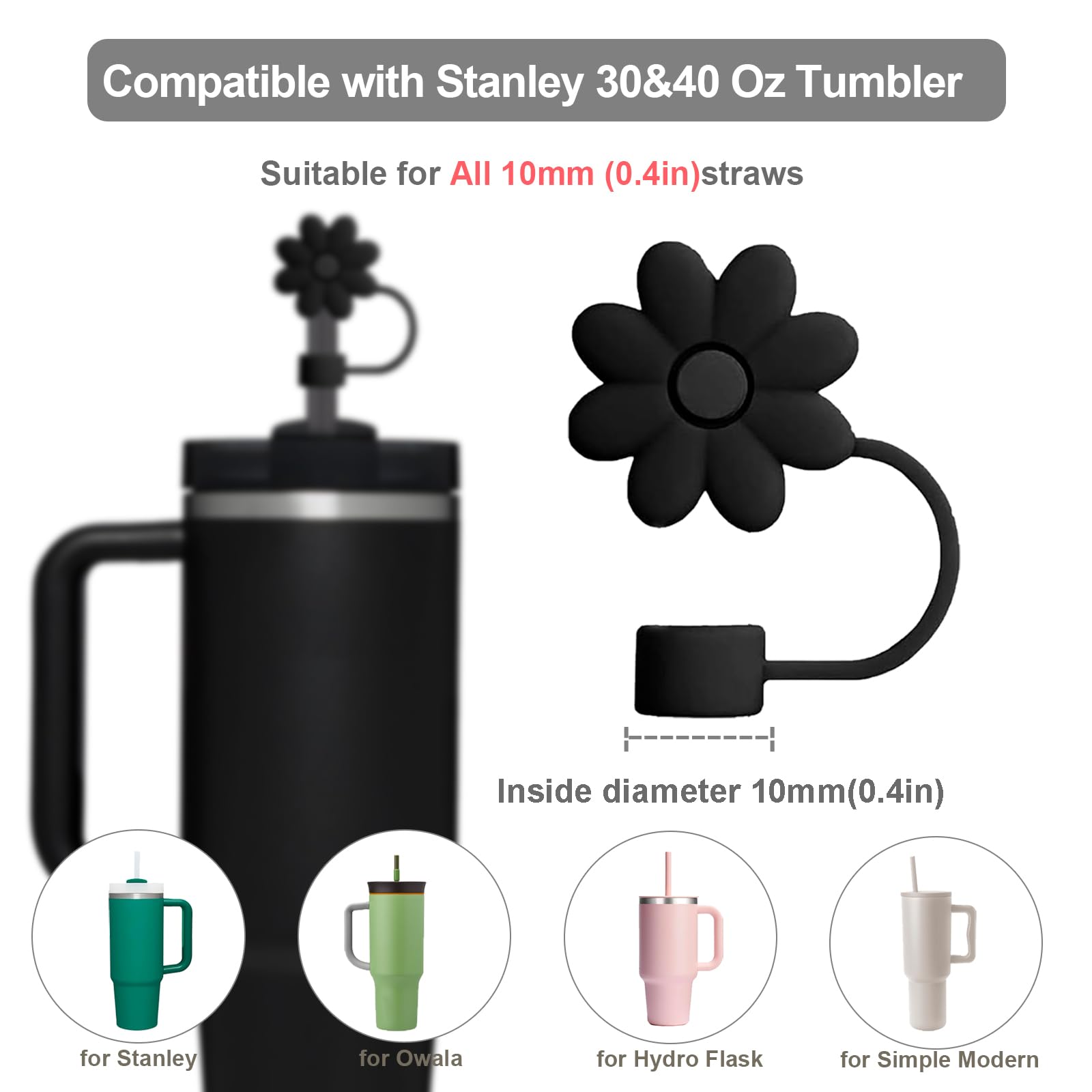 Ghislaine Straw Cover Cap for Stanley Cup, Stanley Cup Accessories Flower Straw Topper Silicone Dust-Proof Protector for 40/30/20 Oz Tumblers 10mm Straws (Black)