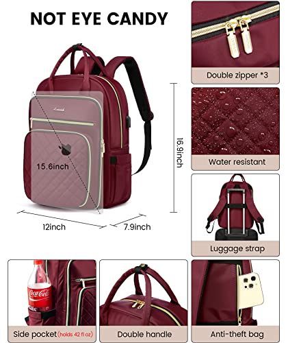 LOVEVOOK Laptop Backpack for Women, 15.6 Inch Computer Backpack for Teacher Nurse with Water Resistant, Lightweight Travel Work Backpack with USB Charging Port, Quilted Commuter Backpack purse, Wine
