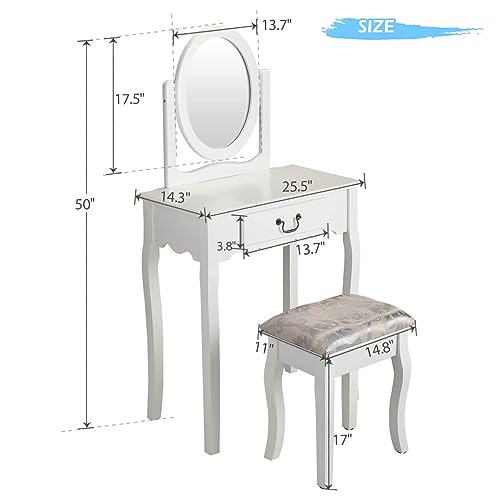 RIDFY Modern Vanity Desk with Cushioned Stool,Vanity Table Set with Large Drawers,Makeup Dressing Table with 360° Rotating Mirror for Women,Small Space Office, Writing, Reading,White