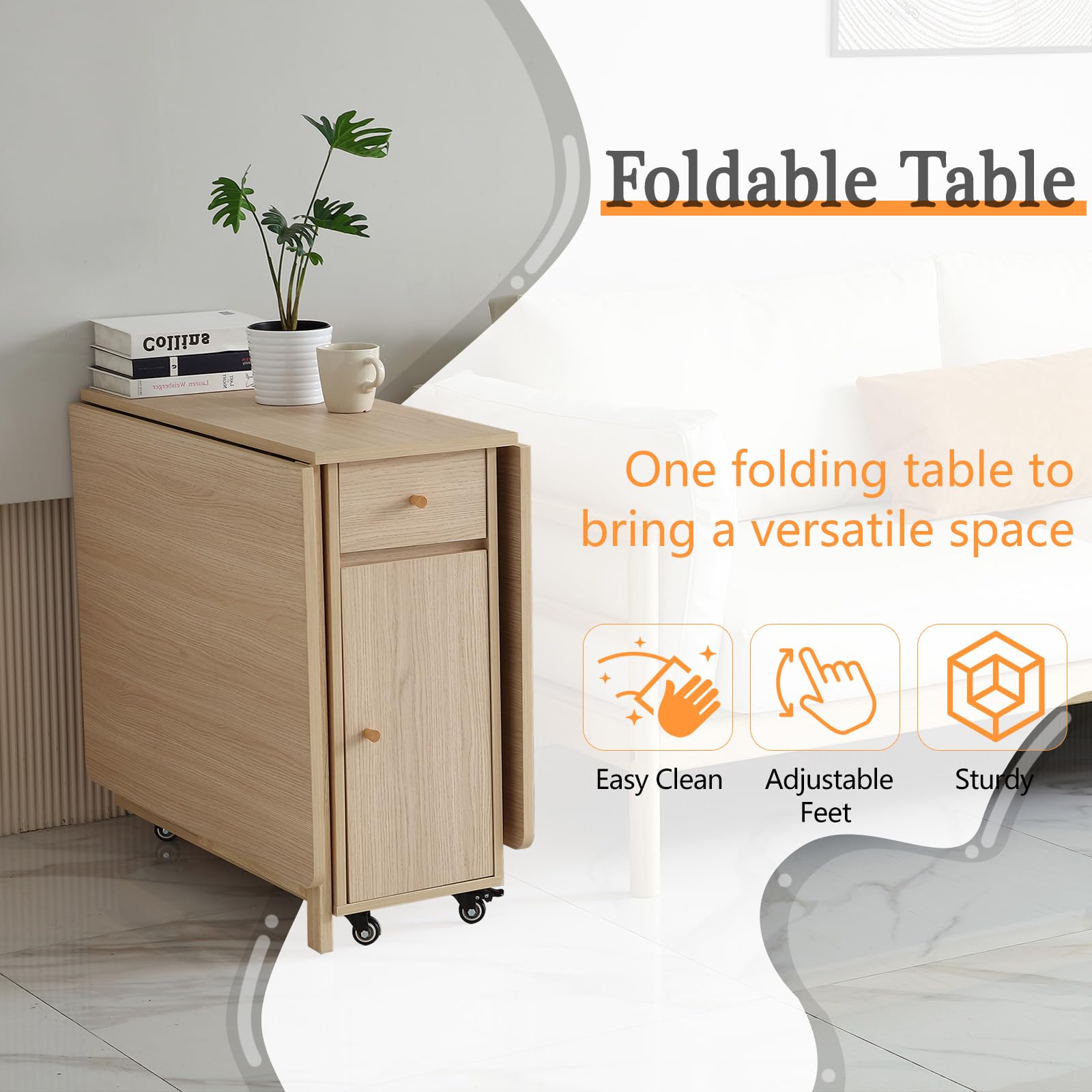 COMUHOME Wood Drop Leaf Folding Dining Table with 2 Drawers and 4 Wheels, Wood Folding Chair Set of 2, Space Saving Dining Set for Living Room, Kitchen and Office
