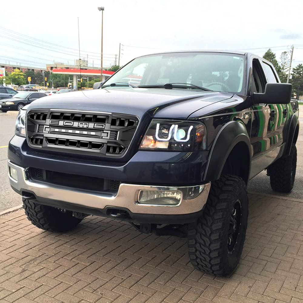 EOMD Front Grill for F150 2004 2005 2006 2007 2008, w/Off-Road Lights, Removable Letters, Matte Black