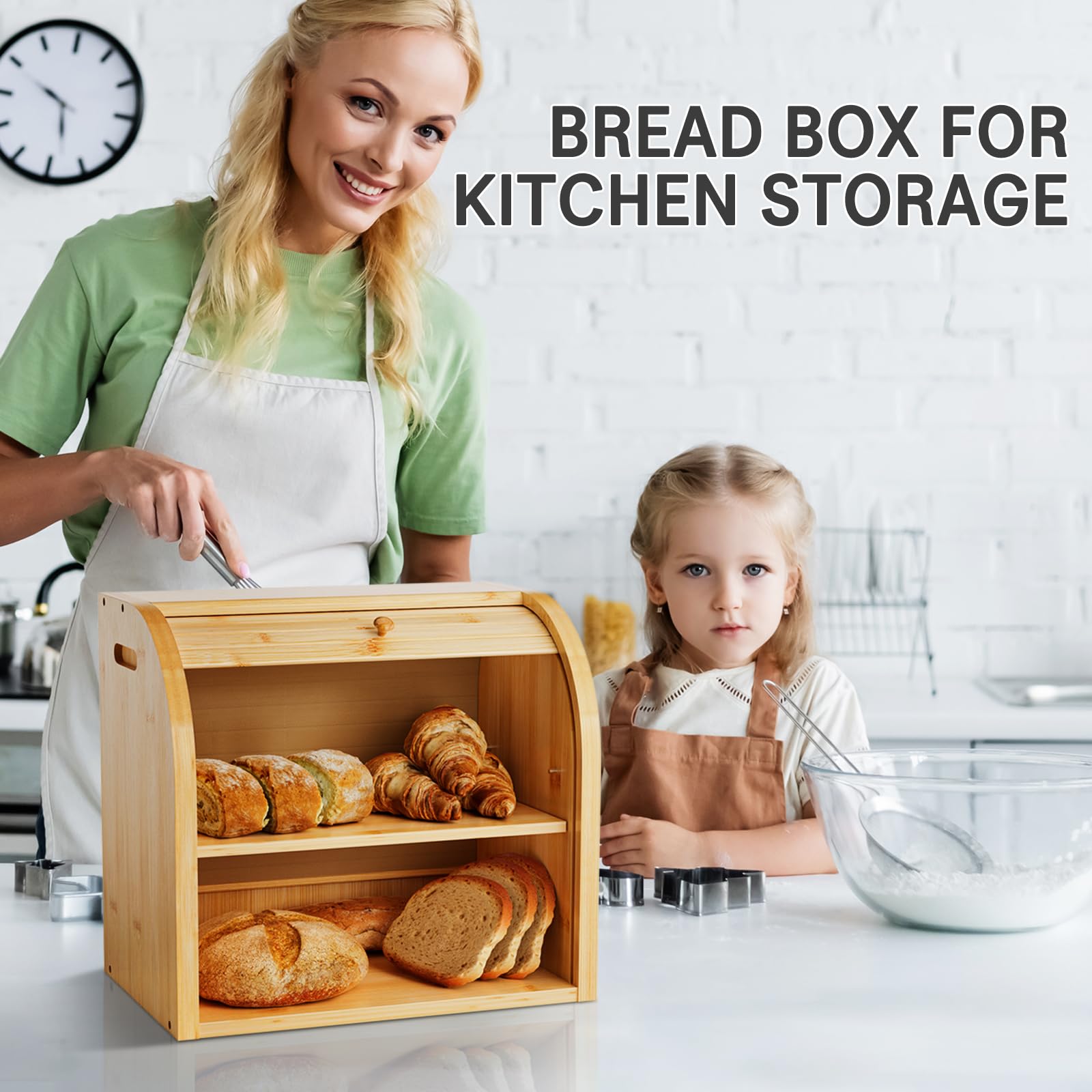 Merysen 2 Tier Bamboo Bread Box for Kitchen CountertopâBread Storage Holder, Large Capacity Bread Storage Container, with Removable Layer for Home Storage and Display (Self-assembly)