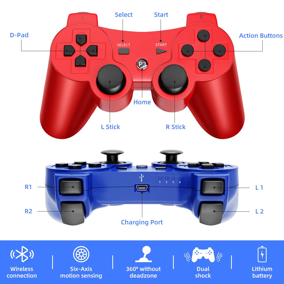 DIANVEN Controller for PS3 Controller Wireless for Sony PlayStation 3, Bluetooth Remote Control for PS3, Double Shock and Motion Sensing USB Charging Cables for PS3 Controller, Blue&Red