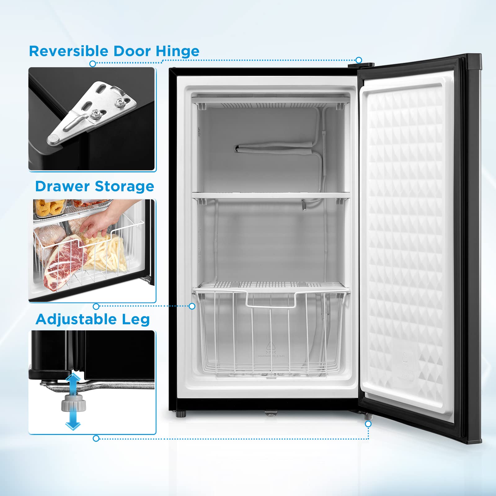 COMFEE' CRM33S3ABB 3.3 CuFt mini fridge Singel Door small Fridge for Bedroom Office Garage Studio Dorm, mini Refrigerator Black & Midea MRU03M2ABB Upright Freezer Large Black, 3.0 Cubic Feet
