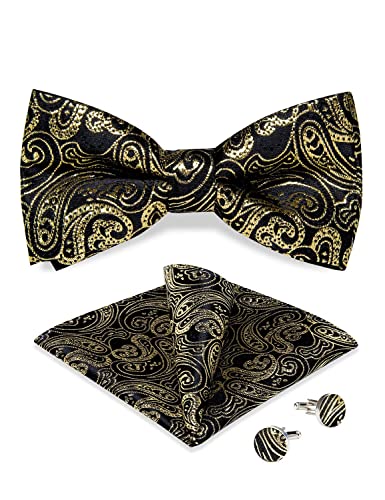DiBanGu Black Gold Paisley Bow Tie for Men Adjustable Pretied Bow Tie Handkerchief Cufflinks