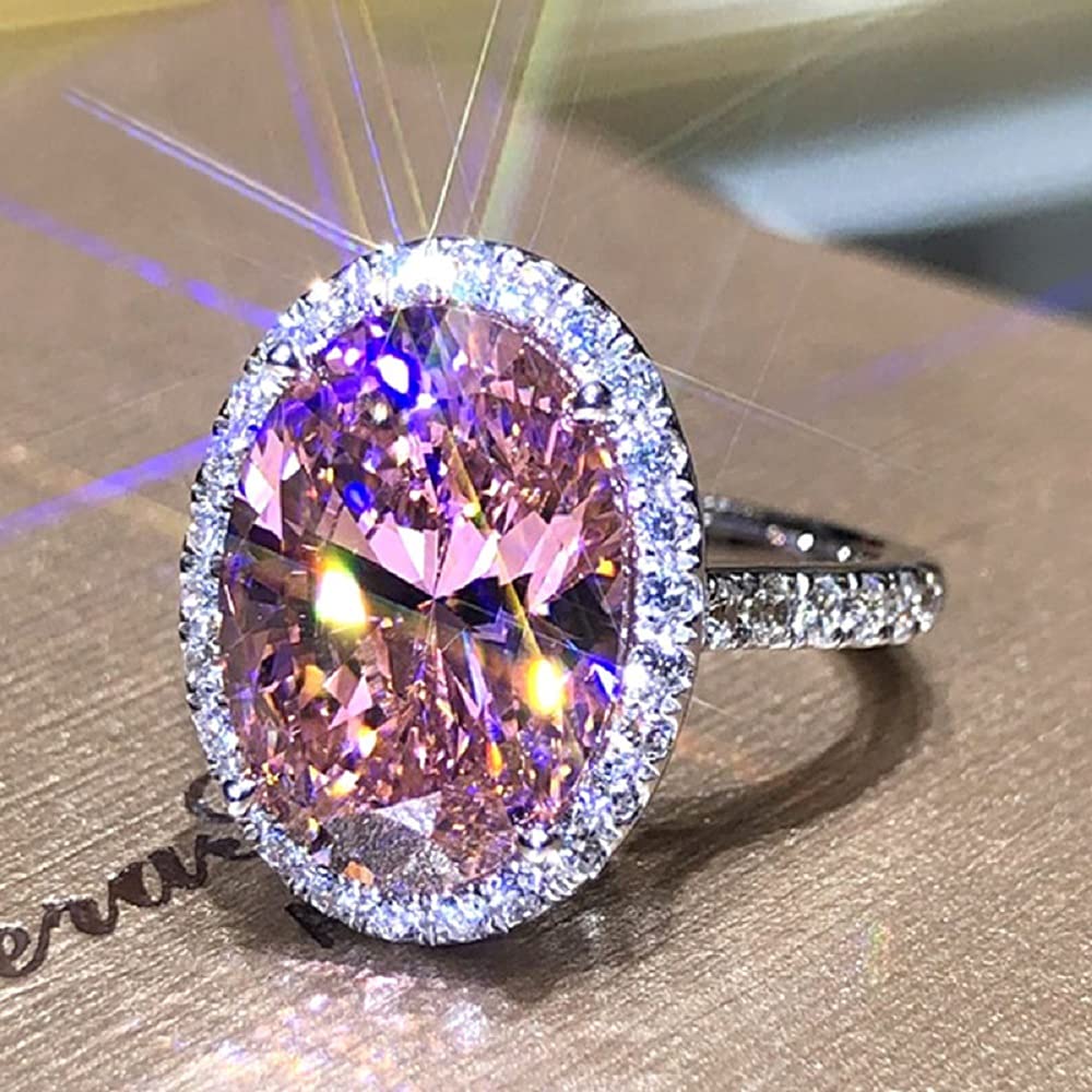 DONGYUANXU Full Diamond Micro Set 4 Carat Egg shaped Diamond Colored Pink Zircon Celebrity Diamond Ring Engagement Women's Wedding Diamond Ring Emerald Set Princess Diamond Ring PINK(US Code 8)