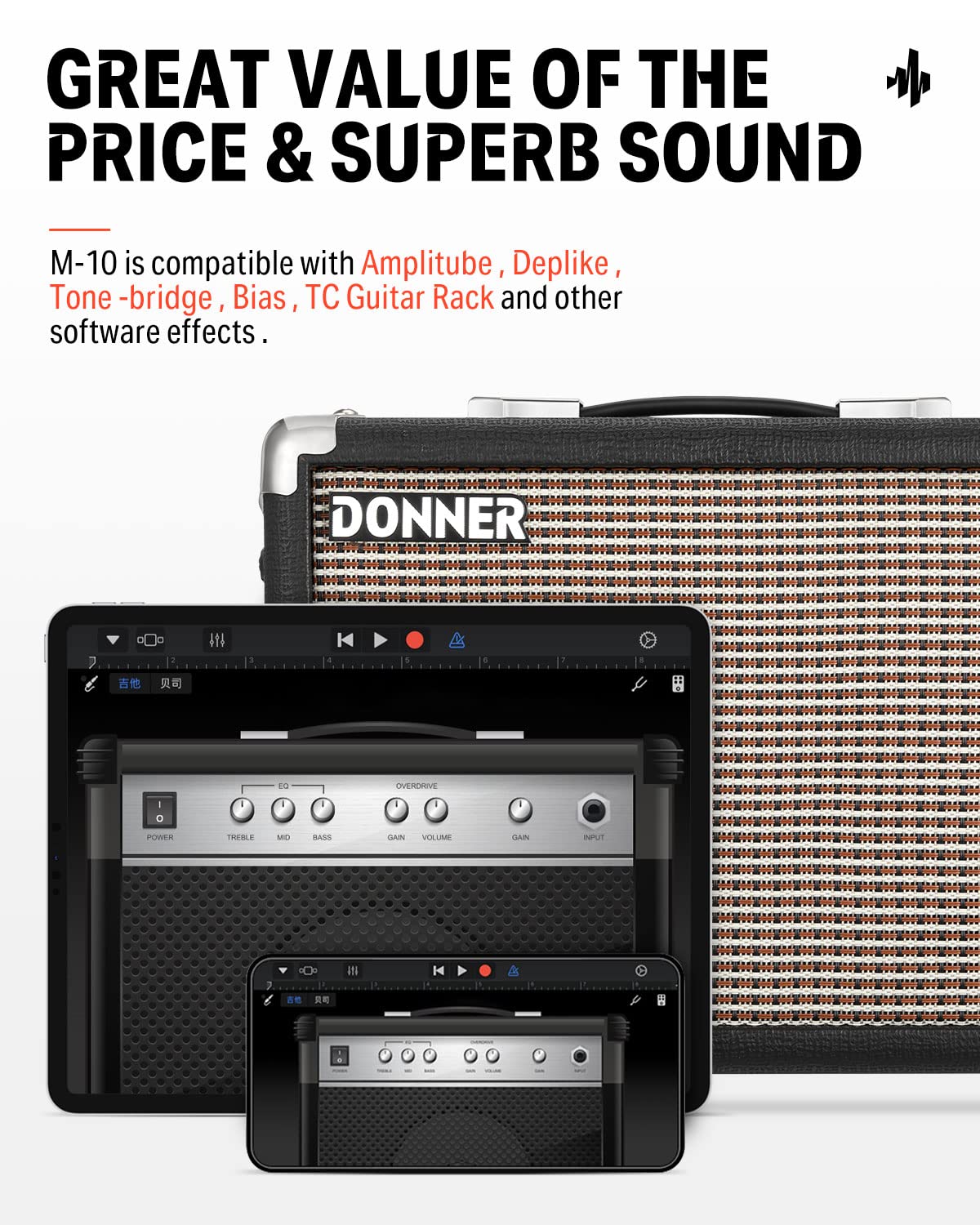Donner 10W Guitar Amplifier, Electric Bass Guitar Amp Protable with APP Effector Input for Recording,Acoustic Guitar Combo Practice Amp Protable M-10 with Distortion Tone for Heavy Music Player
