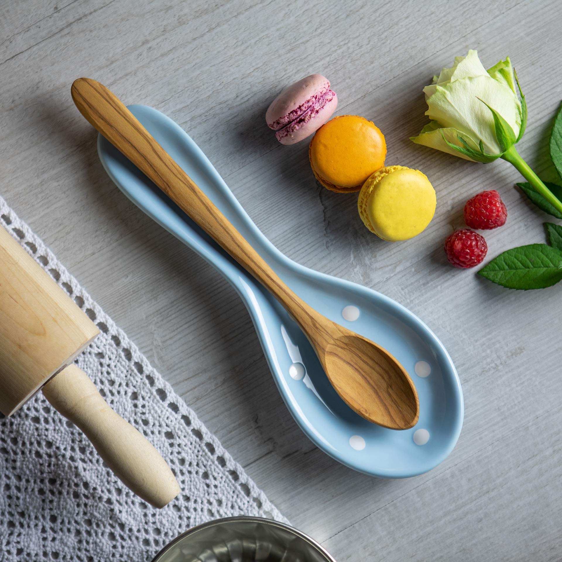 Handmade Light Sky Blue and White Polka Dot Ceramic Kitchen Cooking Spoon Rest | Pottery Utensil Holder | Housewarming Gift by City to CottageĀ®