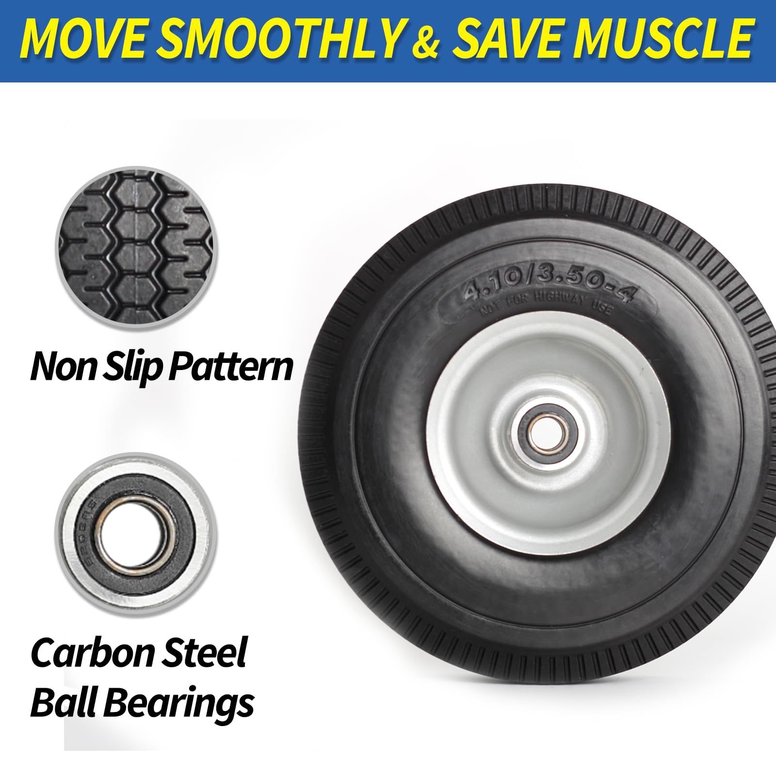 GICOOL 4.10/3.50-4" Flat Free Tire and Wheel, 10" Solid Tire with 5/8" Axle Bore Hole, 2.2" Offset Hub for Hand Truck Garden Wagon Cart Trolley Dolly Lawn Mover Replacement Tire