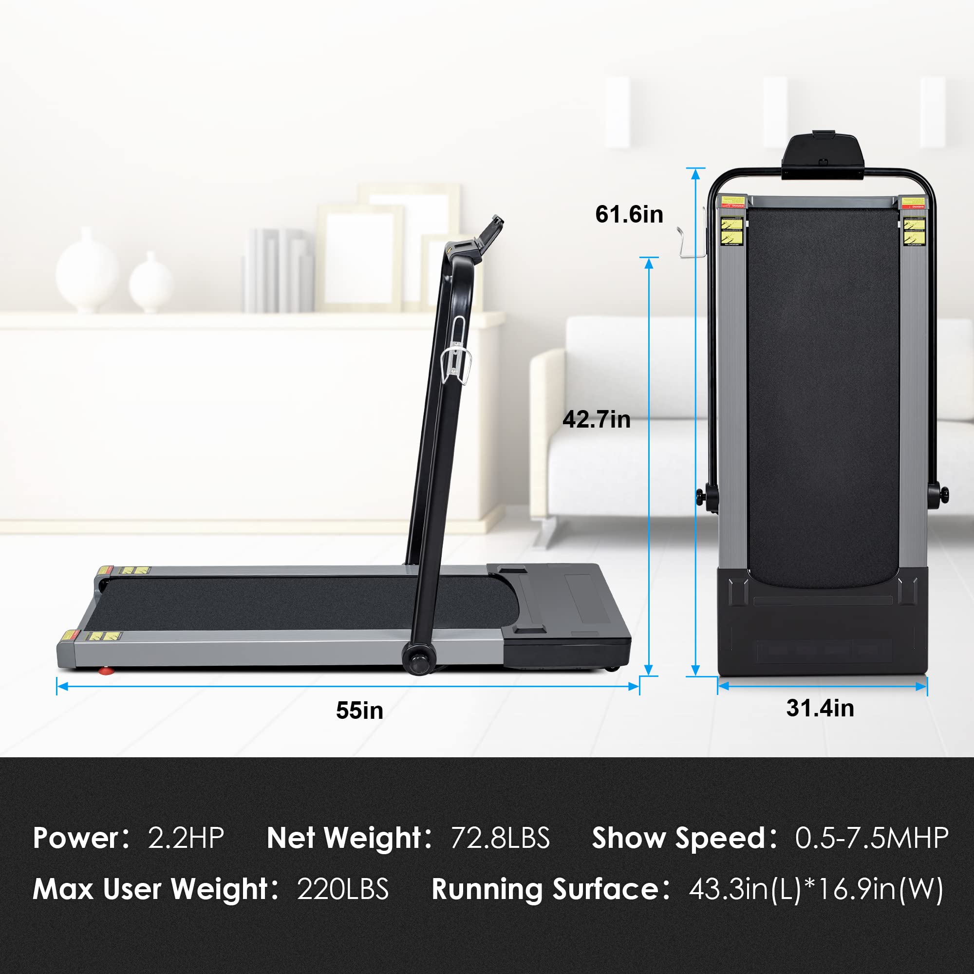 Foldable Treadmill Electric Treadmill Running Machine 17" Wide 3 Levels Manual Incline 0.5 HP Power 15Preset Program Max Speed 8.5MPH with Large Display & Cup Holder for Home &Gym