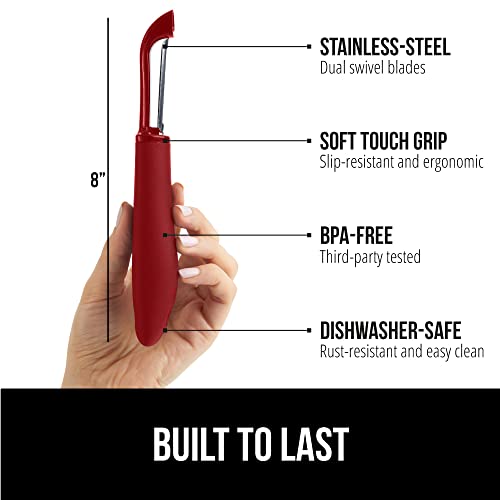 Gorilla Grip Hand Held Can Opener and Vegetable Peeler, Large Lid Openers Rust Proof, Kitchen Food Peelers Safe Blade Guard, Both in Red, 2 Item Bundle