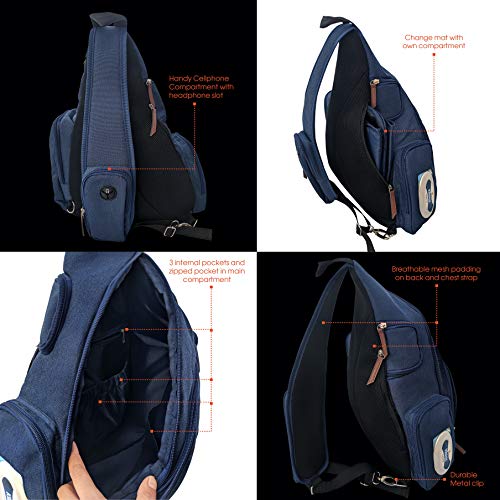 Diaper Bag, Shoulder Sling Backpack, Crossbody, Small to Medium, Unisex, Navy, with changing pad/mat, wipes dispenser and insulated milk bottle compartment