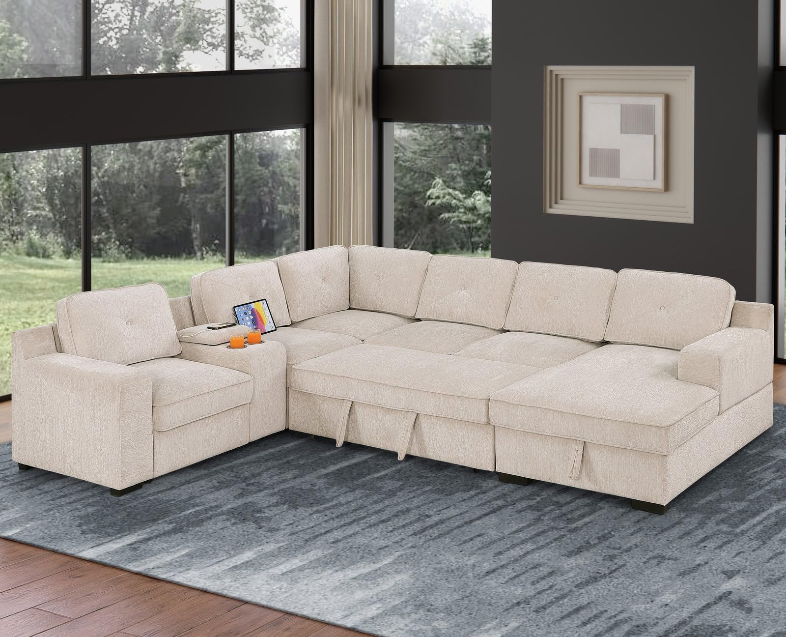 MODCART 102Inch Modern Velvet Sofa with 4 Throw Pillows & Ottoman, L-Shaped Upholstered Couches w/Buttoned Design and Silver Legs, for Living Room, Bedroom, Office