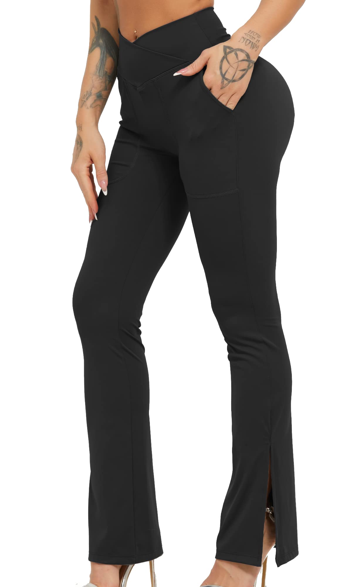 Feazac Womens V Crossover Flare Leggings with Pockets Bootcut High Waisted Yoga Pants Tummy Control Gym Workout Pants Casual Bootleg Lounge Pants Medium, Crossover - Black