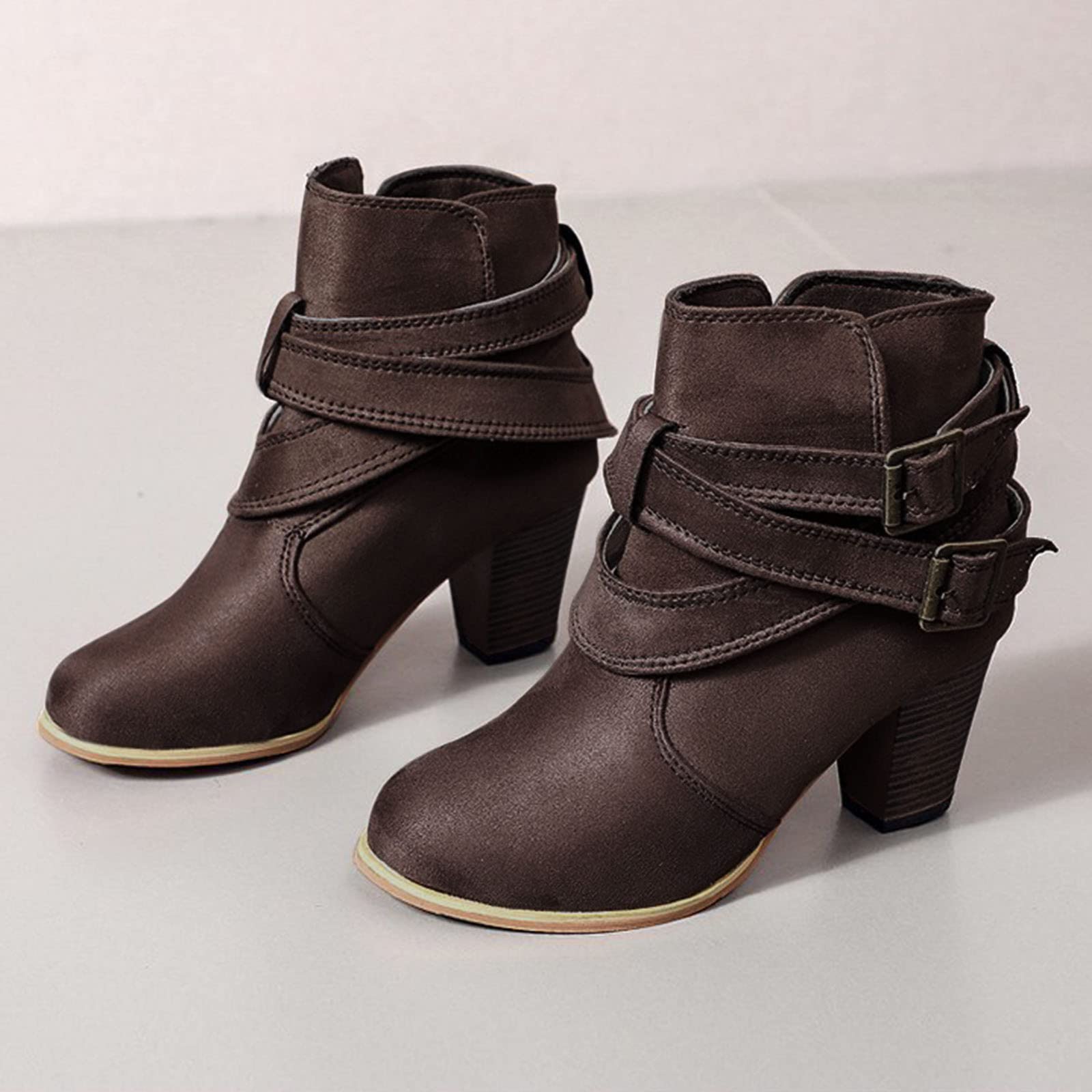 Foldap Fall Boots for Women 2022,Women's Fashion Closed Toe Multi Strap Ankle Bootie Block Hee Faux Leather Booties Chelsea Boots