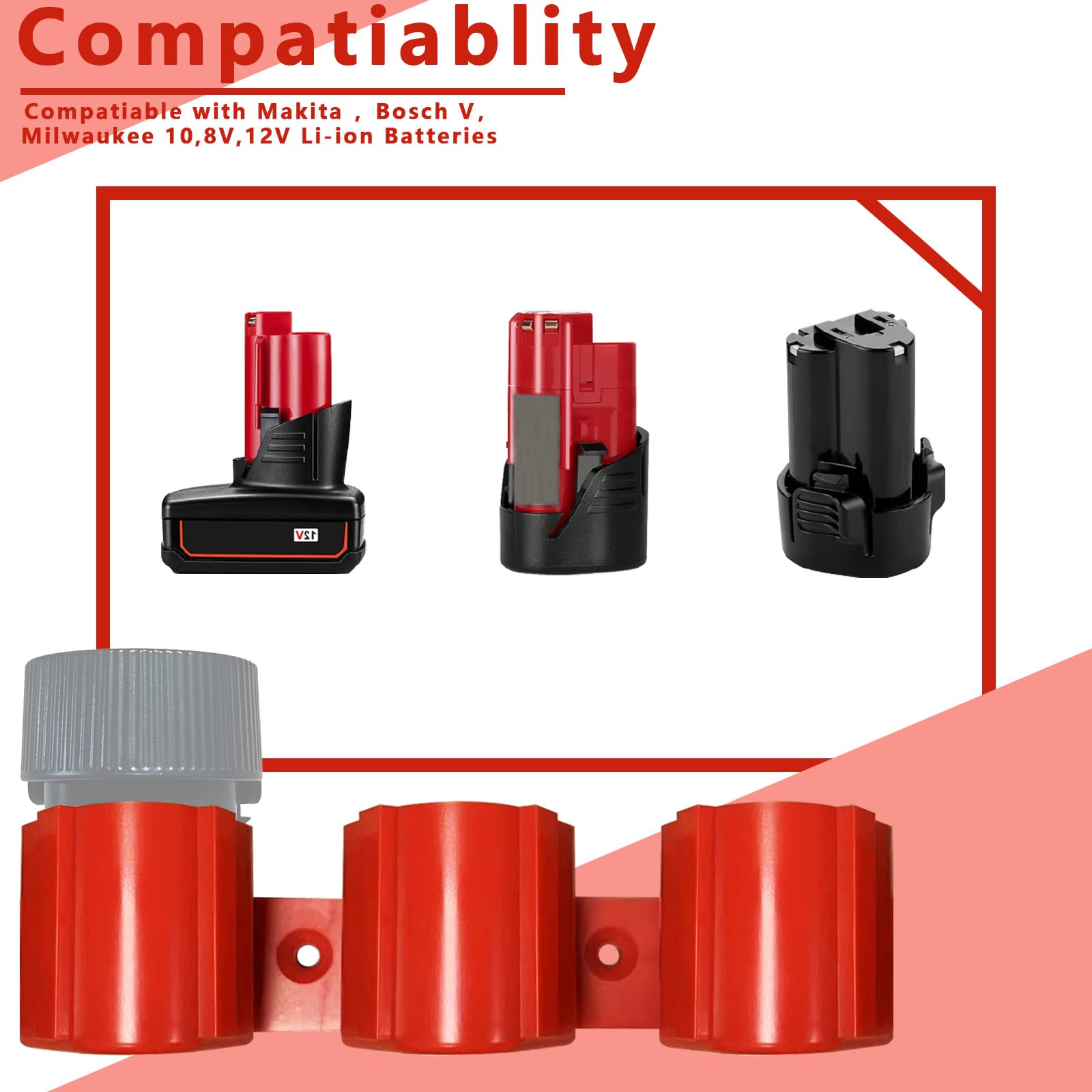 EID 2PCS Battery Holder for Milwaukee M12 & for Bosch 10.8V & for Makita 10.8V Triple Battery Holder Wall Mount 3-Slot Rack,Battery Pack Storage Mount (Red Battery Holder)