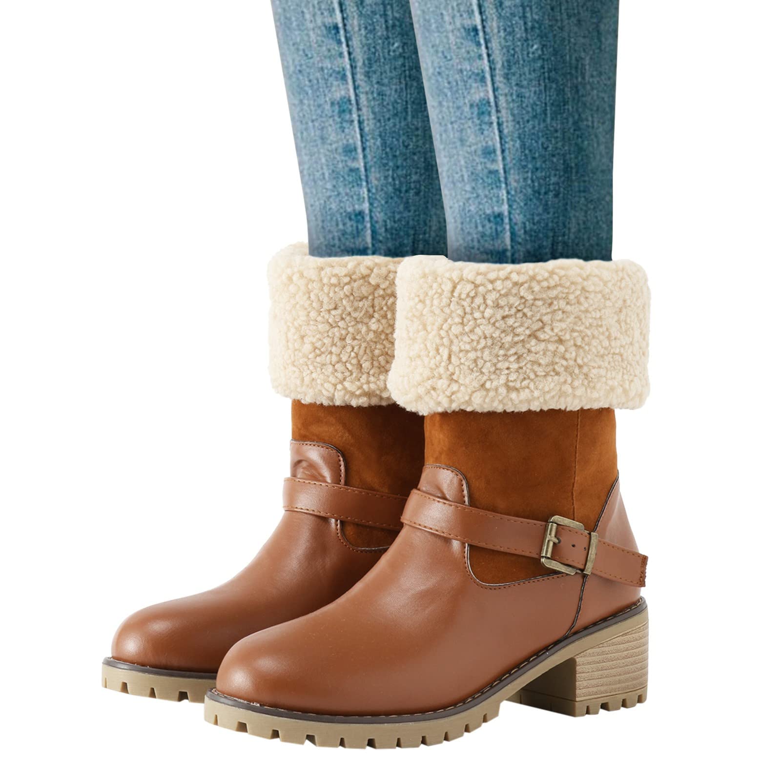 Foldap Knee High Boots Women Winter Cotton Boots,Low-Heel Thermal Comfortable Outdoor Non-Slip Outdoor Mid-Calf Snow Boots
