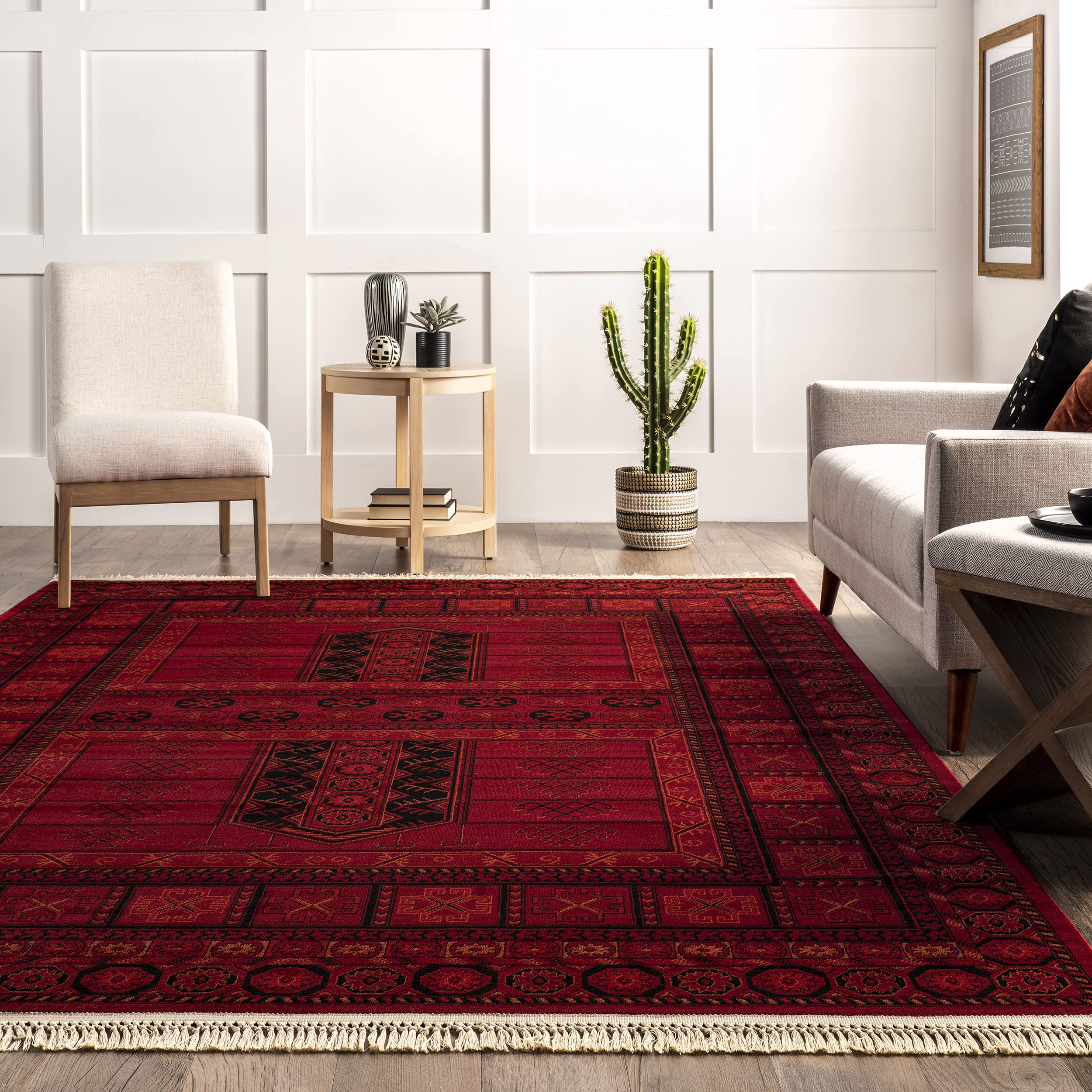 nuLOOM Billie Traditional Paneled Fringe Area Rug, 4x6, Red