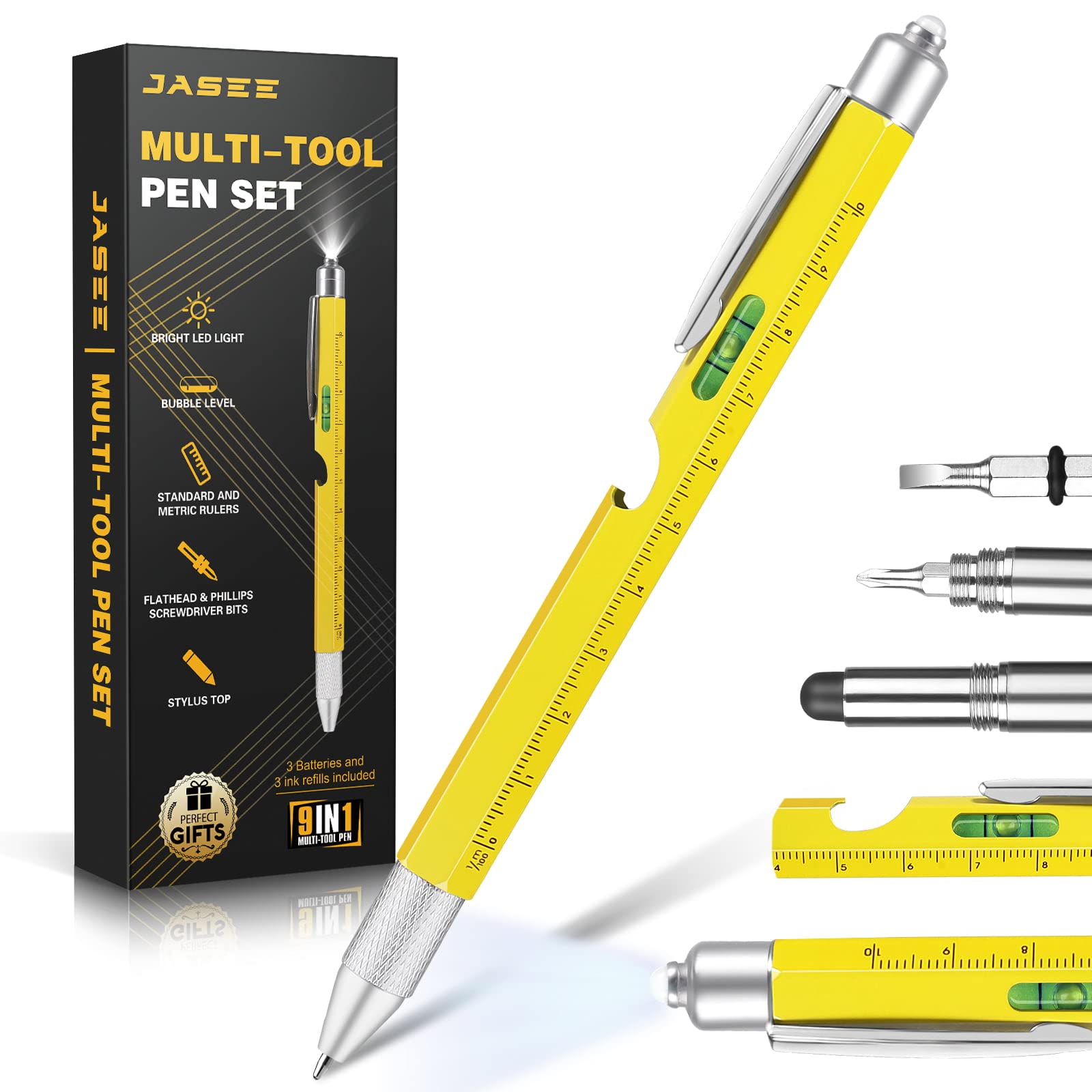 Gifts for Men, 9 in 1 Multitool Pen Set, Cool Gadgets for Men Dad Him Boyfriend Husband Fathers Day Birthday Gifts, Tool Pen with Led Light, Stylus, Screwdriver, Bottle Opener, Ruler, Level(Yellow)