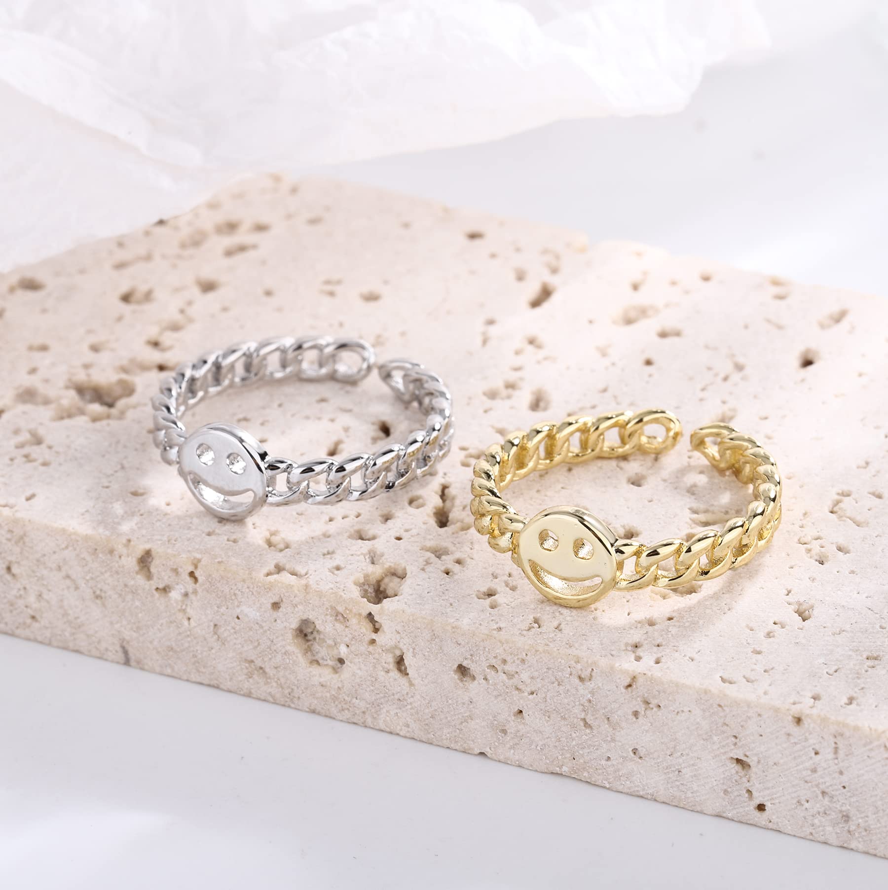 DXZNBEST Women Smiley Face Ring Good Luck Band Open Smiling Happy Face Rings Statement Jewelry Adjustable Bands for Women Men 2PCS