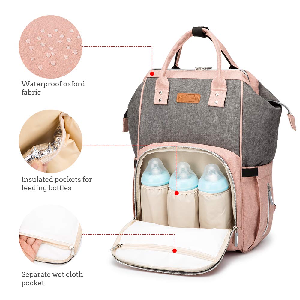 Diaper Bag Backpack for Baby with Insulated Pockets Stroller Straps Changing Pad and USB Charging Port, Large Capacity, Waterproof, Pink&Gray