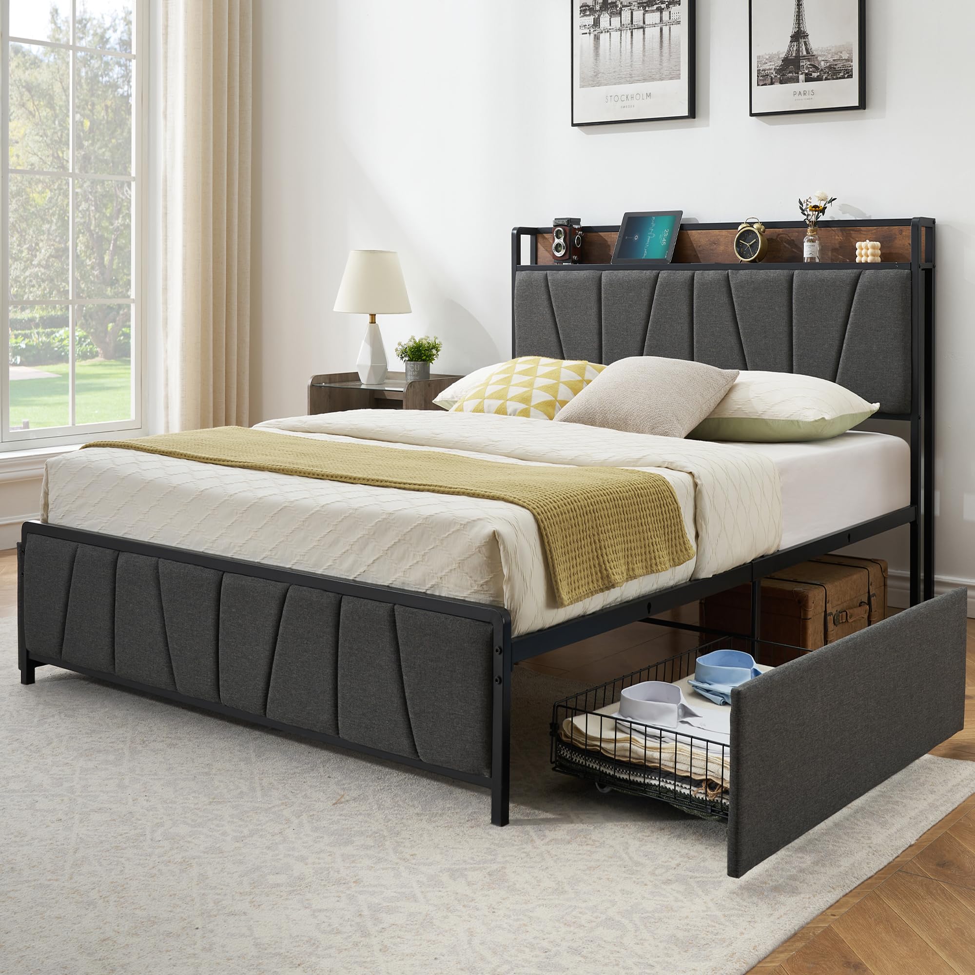 IDEALHOUSE Twin Size Bed Frame with 2 Storage Drawers and Charging Station, Upholstered Platform Bedframe with Storage Headboard, Heavy Duty, No Box Spring Needed, Easy Assembly, Noise Free, Grey