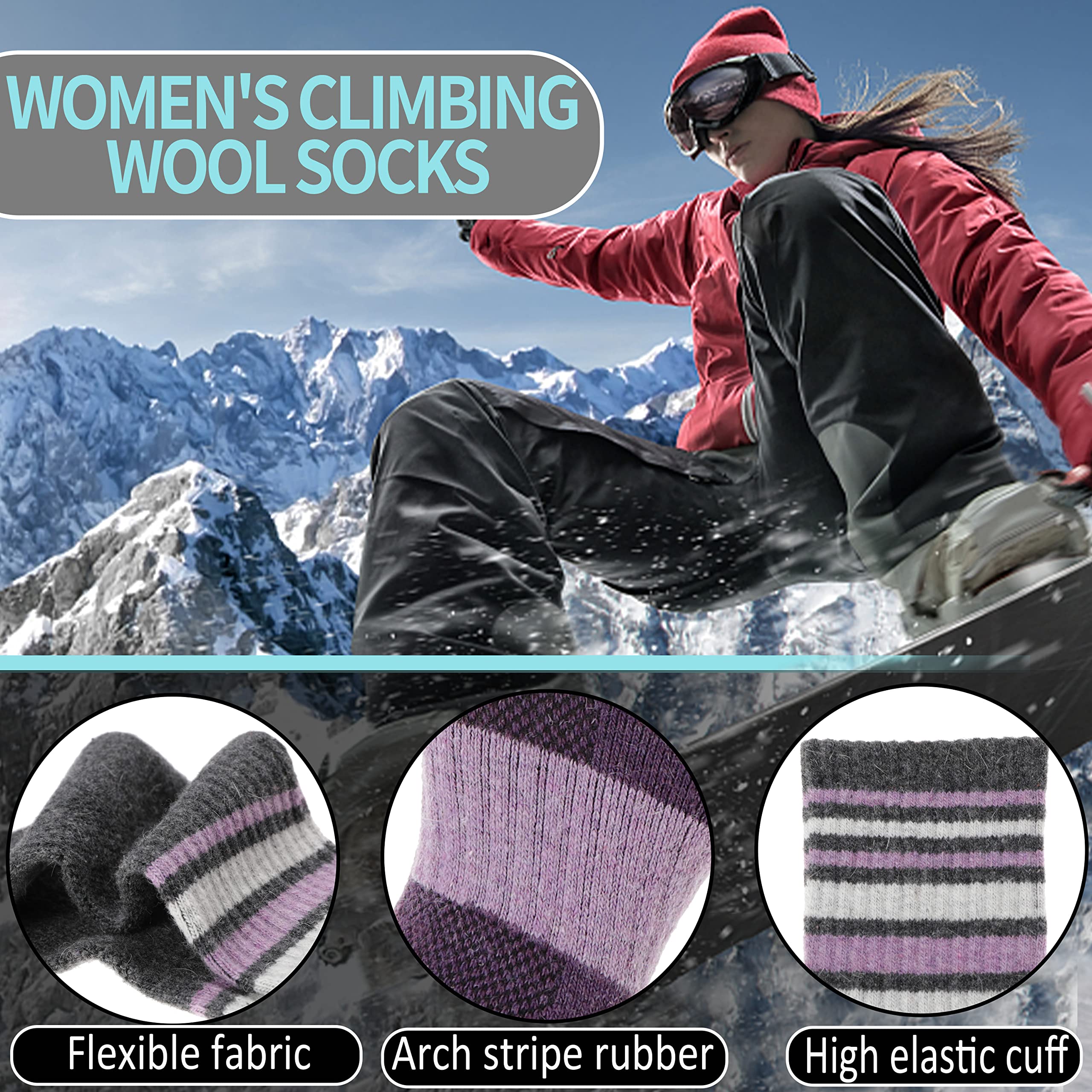 EBMORE Womens Merino Wool Hiking Socks Thermal Warm Winter Boot Crew Cushion Work Gift Socks 5 Pairs(Striped-A,M)
