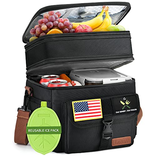 LOKASS Tactical Lunch Box for Men,16L, Double Deck Expandable Insulated Lunch box For Adults/Women Thermal Large Waterproof Leakproof Cooler Bag with Shoulder Strap,Black (Black)