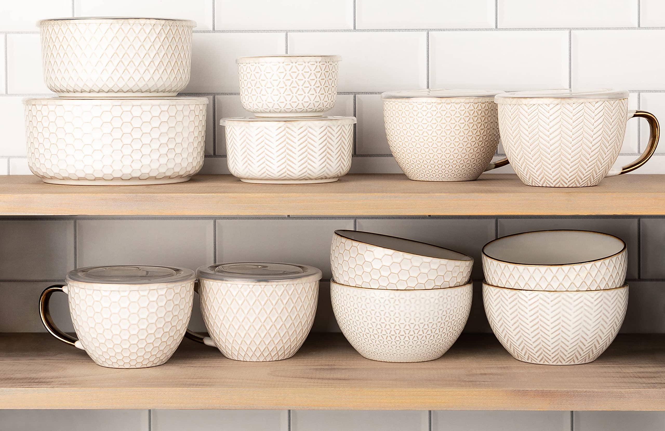 KooK Ceramic Cereal Bowls, Embossed, for Yogurt, Dessert and Poke, Microwave & Dishwasher Safe, Cream with Dark Copper Accents, Set of 4, 22 oz, Narbonne Collection