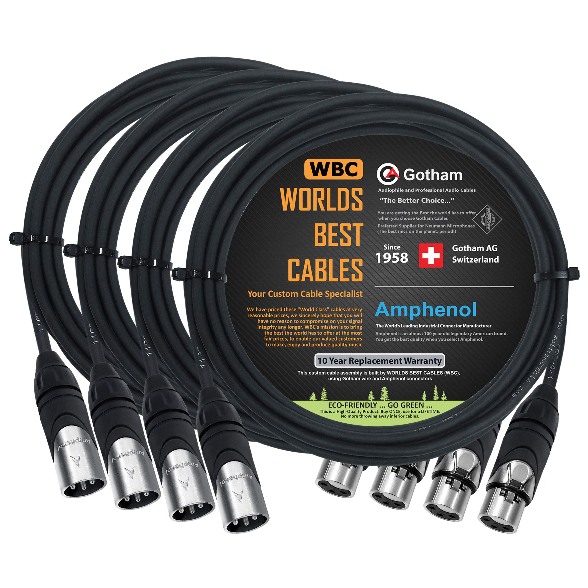WORLDS BEST CABLES 4 Units - 8 Foot - Gotham GAC-4/1 (Black) - Star Quad, Dual Shielded Balanced Male to Female Microphone Cables with Amphenol AX3M & AX3F Silver XLR Connectors - Custom Made