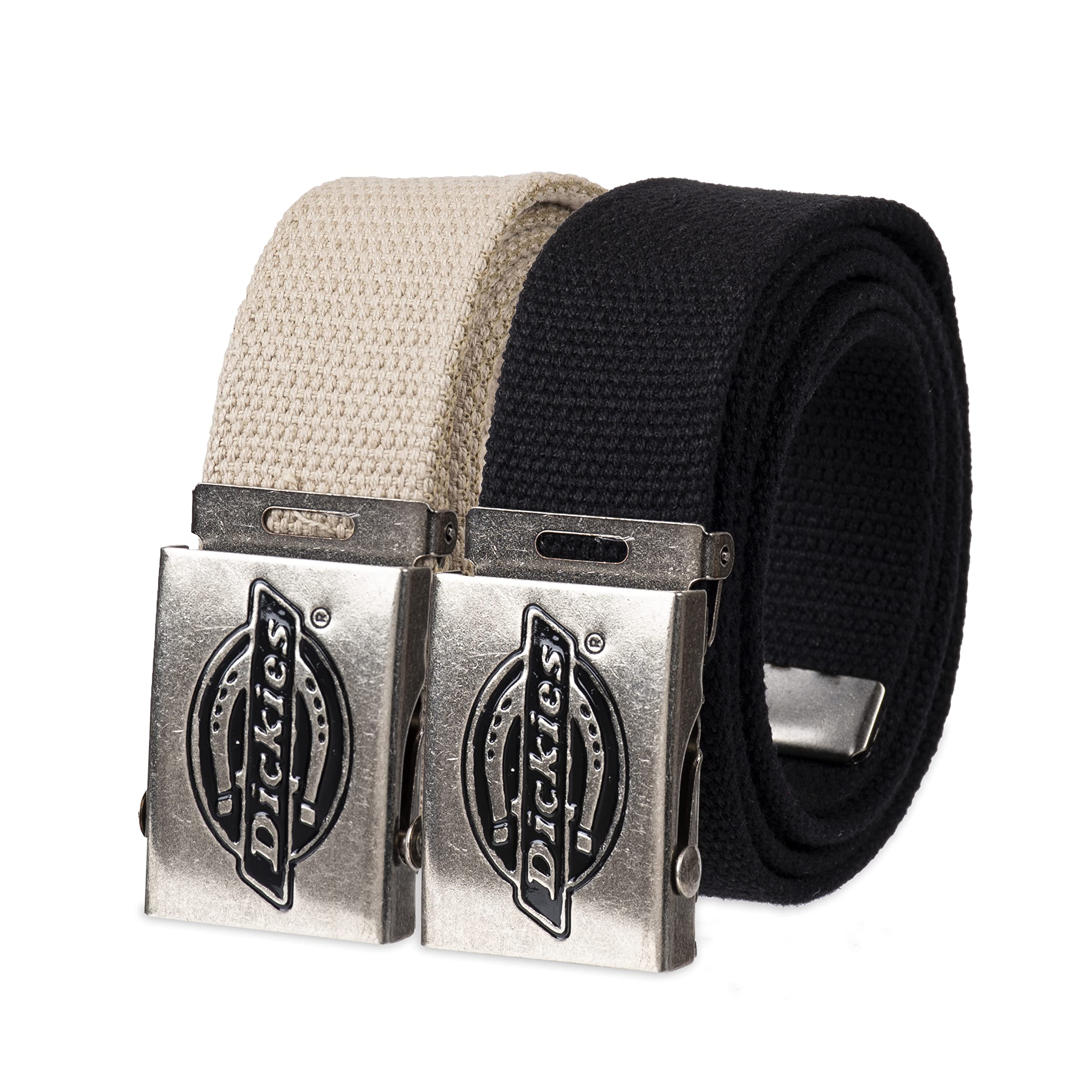 Dickies Men's 2 Pack Cotton Web Belt with Military Logo Buckle, Black/Khaki, One Size