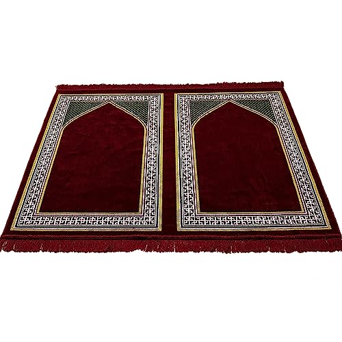Modefa Turkish Islamic Prayer Rug - Wide Velvet Praying Mat - Multi Person Muslim Janamaz Sajada for Family - Group Praying Carpet - Solid 2 Person (Red)