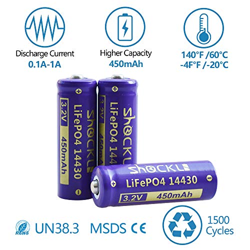 funkawa (2-Pack Shockli 14430 3.2V 450mAh LiFePO4 Rechargeable Solar Battery for Outdoor Solar Garden Light【Shorter Than AA!】