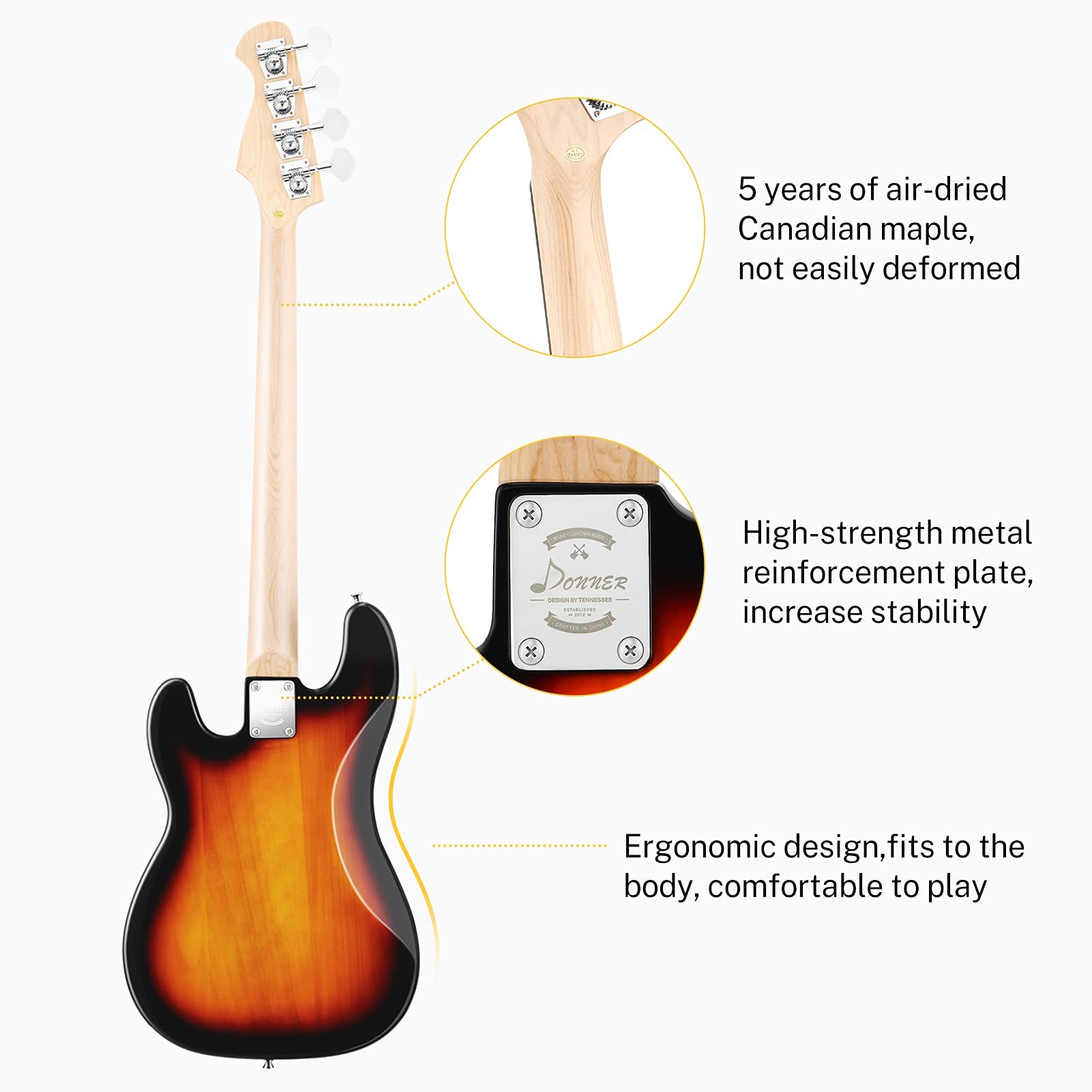Donner DPB-510S Full-Size Full Size 4 Strings Electric Bass Guitar Sunburst Beginner Starter Kit with Bag & 30W Bass AMP Bass Combo Amplifier DBA-30