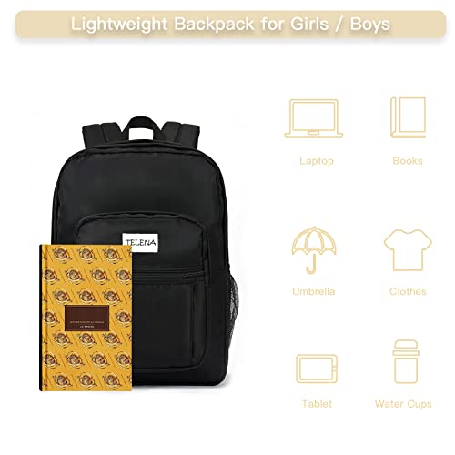 Telena School Backpack for Teen Girls Boys Lightweight Bookbag Backpack for Middle & High School with Bottle Side Pocket, Black Bookbag