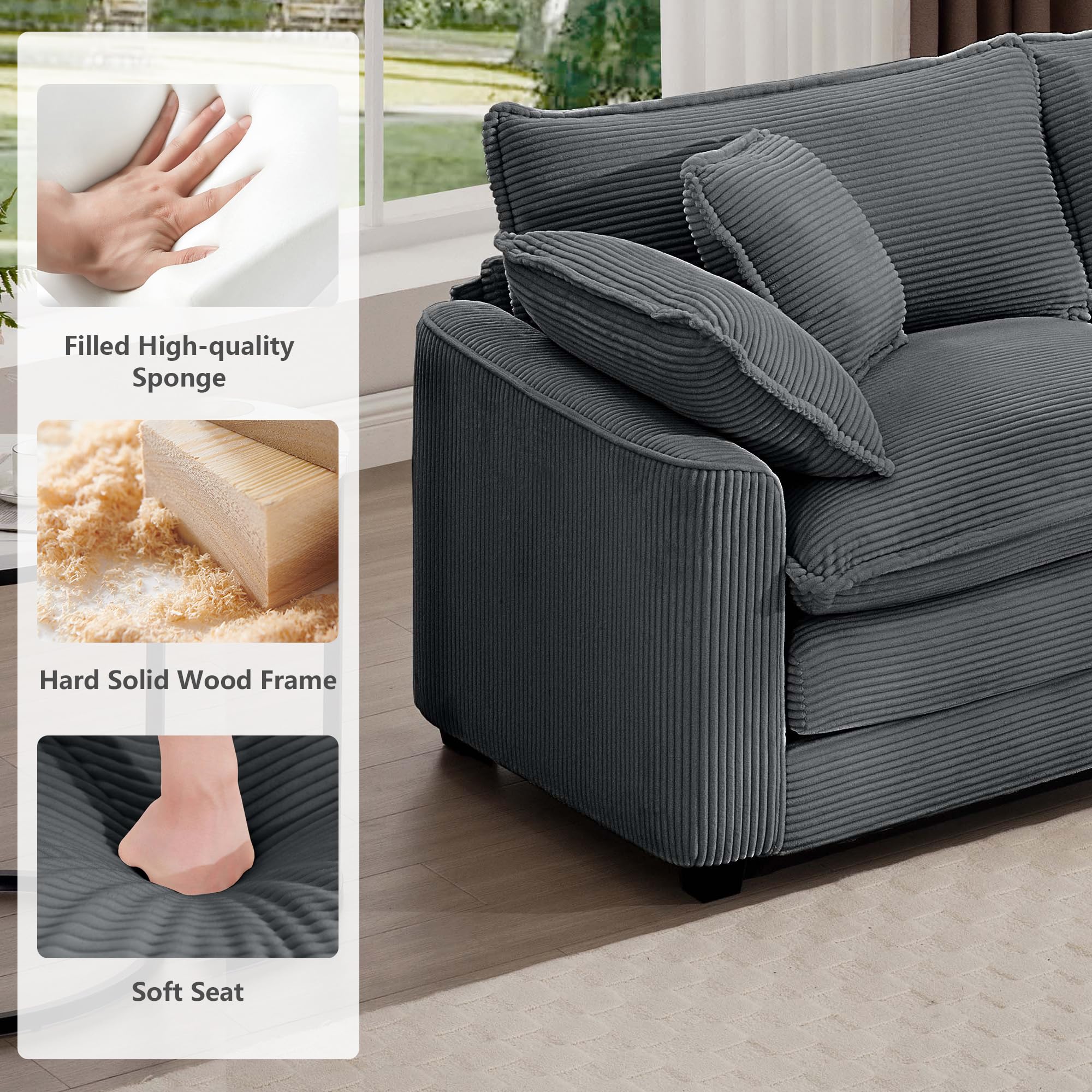 mikibama Luxury 3 Piece Sofa Set, 3-Seater & 2 Single Sofa Set, Modern Corduroy Comfy Cloud Couches Set for Living Room Office with 2 Armrest Pillows and 5 Toss Pillows, Grey