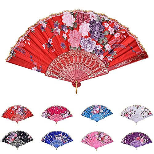 Folding Fan Dance Wedding Party Lace Silk Folding Hand Held Flower Pattern Fan Folding Fan Hand Fanc (Navy) (Purple)