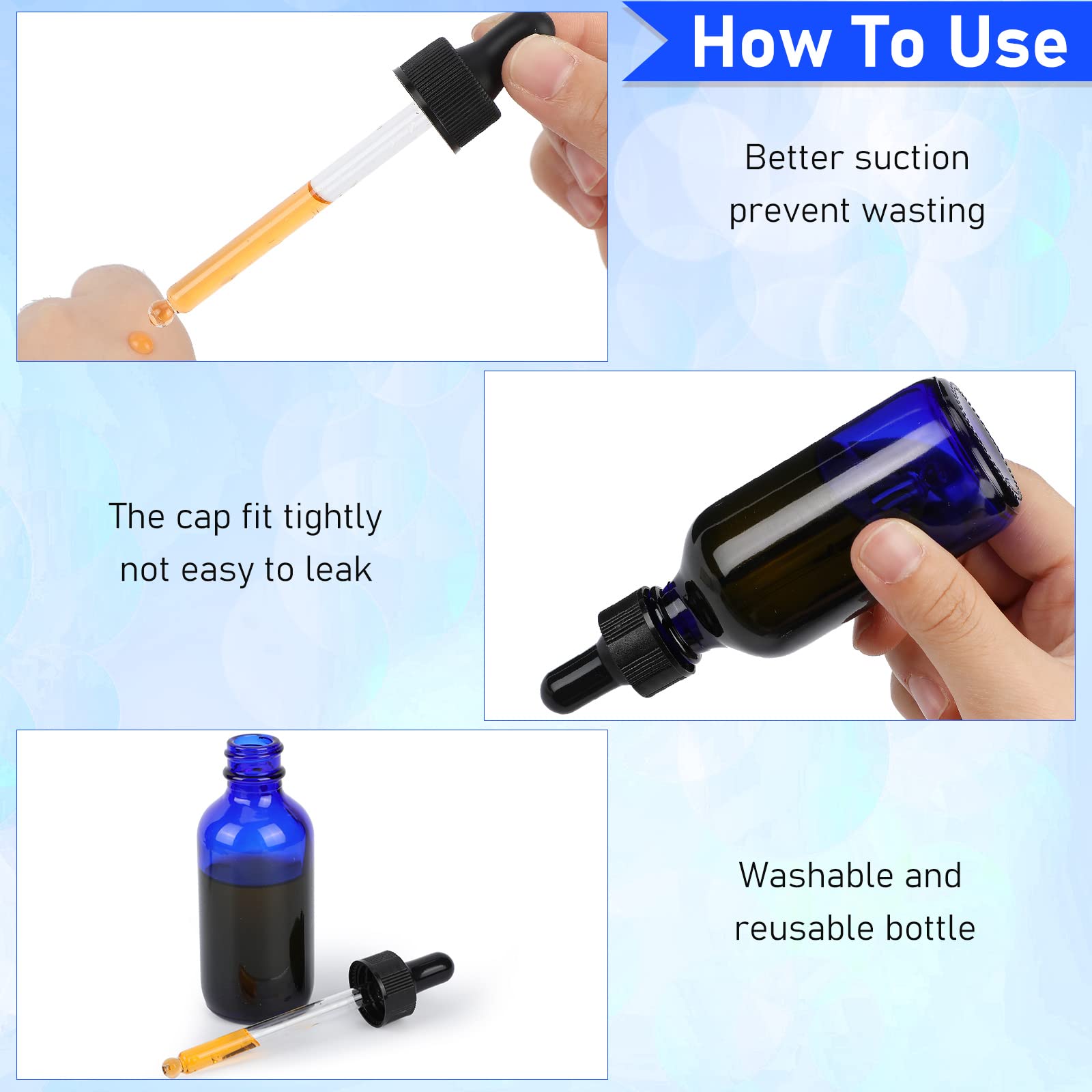 Epakh 100 Pack Glass Dropper Bottles, 2 oz Tincture Vials with Eye Droppers for Essential Oils, Liquids, Leakproof Travel Bottles (Blue)