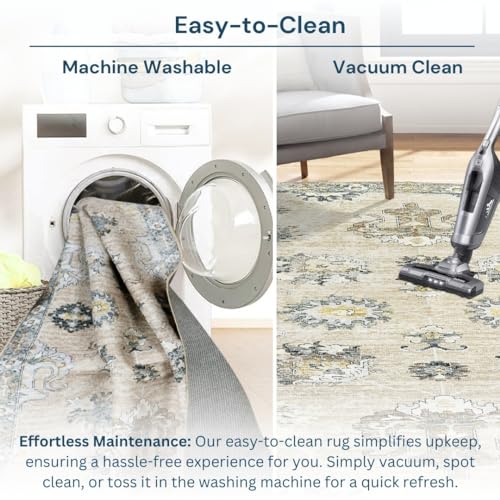 Kaspene Home - Machine Washable Thin 3x5 Area Rug - Oriental Vintage Blue and Brown, Bedroom, Hallway, Bathroom, and Entryway - Stain and Water-Resistant - Non-Slip - Pet and Kid Friendly