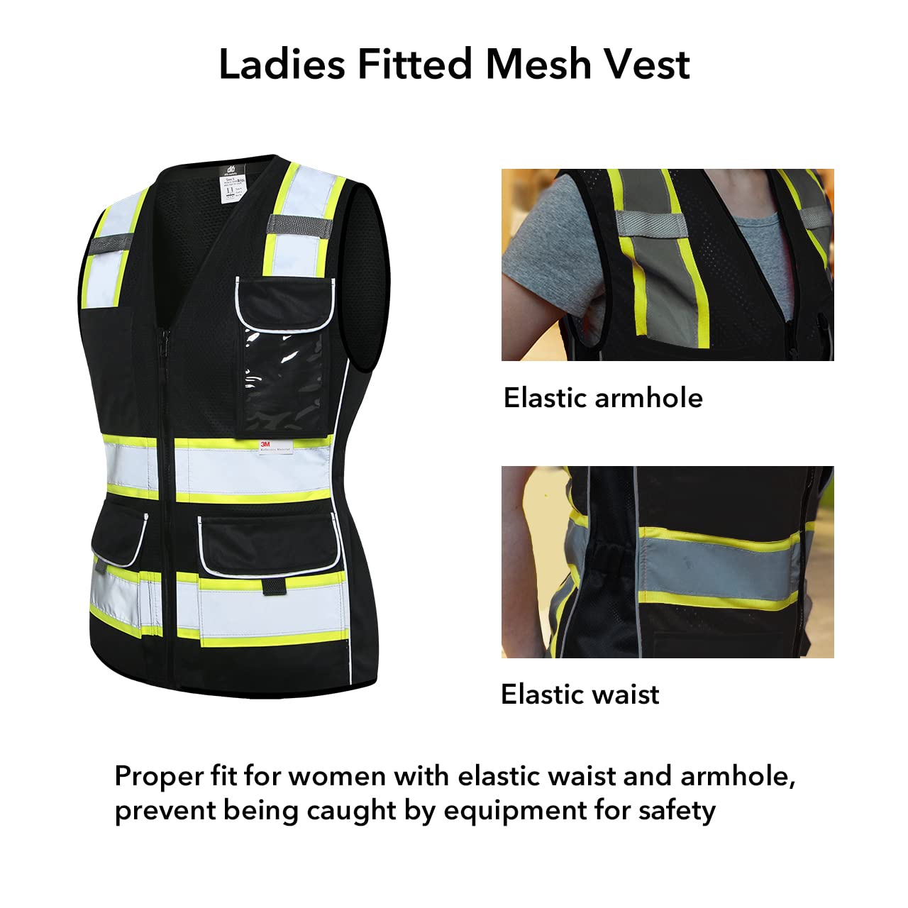 Dib Safety Vest for Women with Pockets, Mesh Reflective Vest High Visibility, ANSI Class 2 Made with 3M Reflective Tape, Orange and Black M