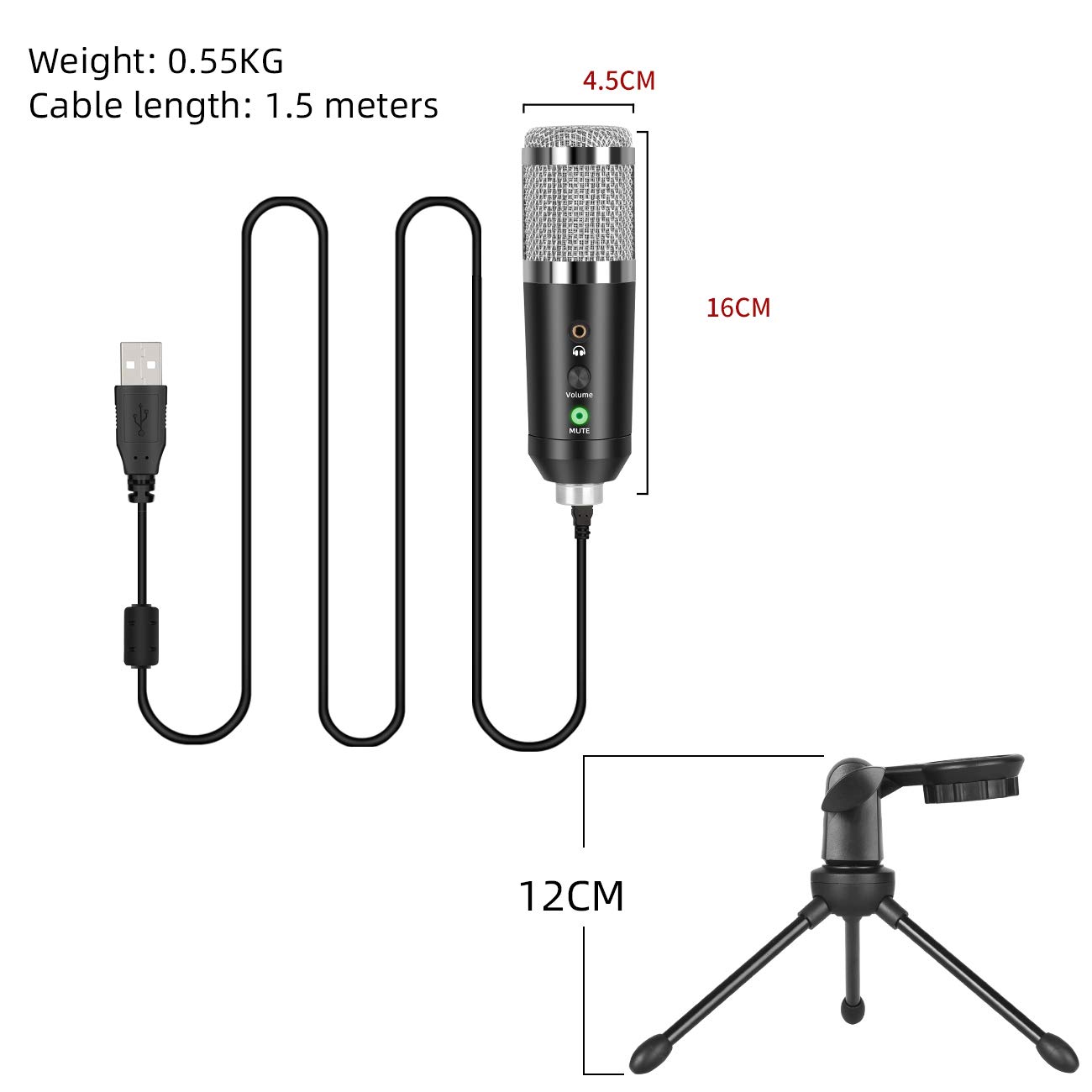 Depusheng USB Mic for Recording Remote Work, Online Class,Game,and Streaming on PC and Mac, Headphone Output and Volume Control, Metal Condenser Computer Recording Microphone,Plug and Play,Black