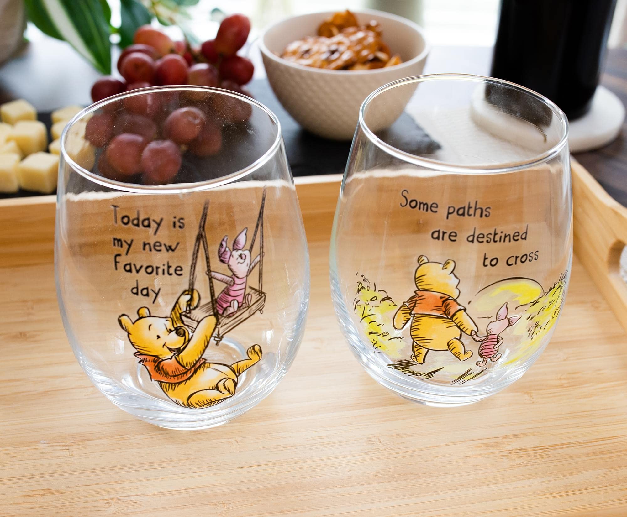 Disney Winnie The Pooh Quotes Teardrop Stemless Wine Glass Set | Tumbler Cup For Mimosas, Cocktails | Each Holds 20 Ounces