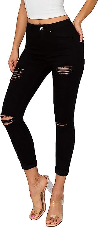 Wax Jean Women's 'Butt I Love You' Push-Up High Rise Destructed Capri Jeans in Heritage Denim Fabric, Black, 7
