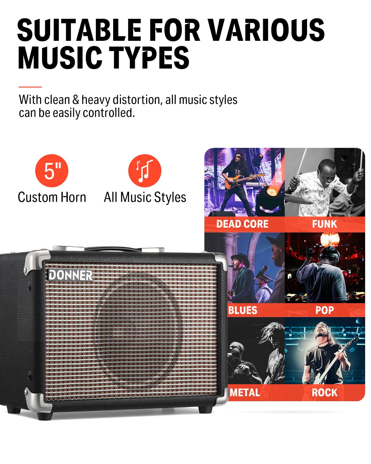 Donner M-10 10W Guitar Amplifier, Electric, Bass and Acoustic Guitar Combo Amp, with APP & Donner Guitar Cable 10 ft 2 Pack