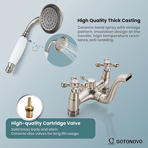 gotonovo Deck Mount Tub Bathtub Faucet Clawfoot with Handheld Shower 6 Inch Brushed Nickel Telephone Shaped Sprayer Showerheld Double Cross Handle