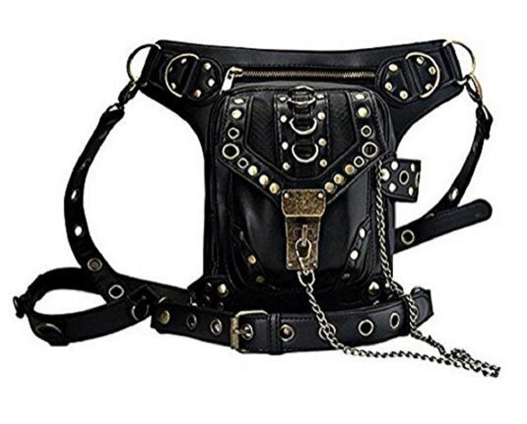 Wendin Rock Leather & Vintage Gothic Retro Steampunk Handbag Victorian Style Shoulder Waist Bag Black