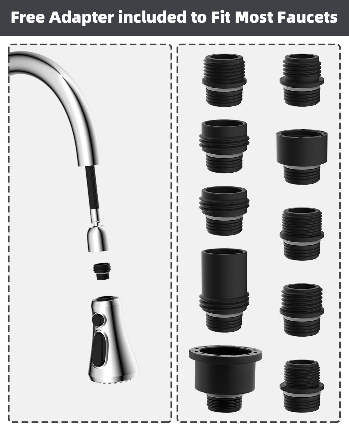 Hibbent Pull Down Spray Head for Kitchen Faucet, 3-Function Kitchen Sink Spray Nozzle with 10 Adapters, Faucet Head Replacement Compatible with Moen, American Standard, Delta, Kohler Faucets, Chrome
