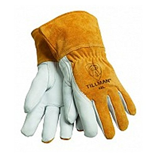 John Tillman and Co Large Brown Top Grain Goatskin Fleece Lined Standard Grade MIG Welders Gloves with Straight Thumb, 3 12" Cuff, Kevlar Stitching and Elastic Back