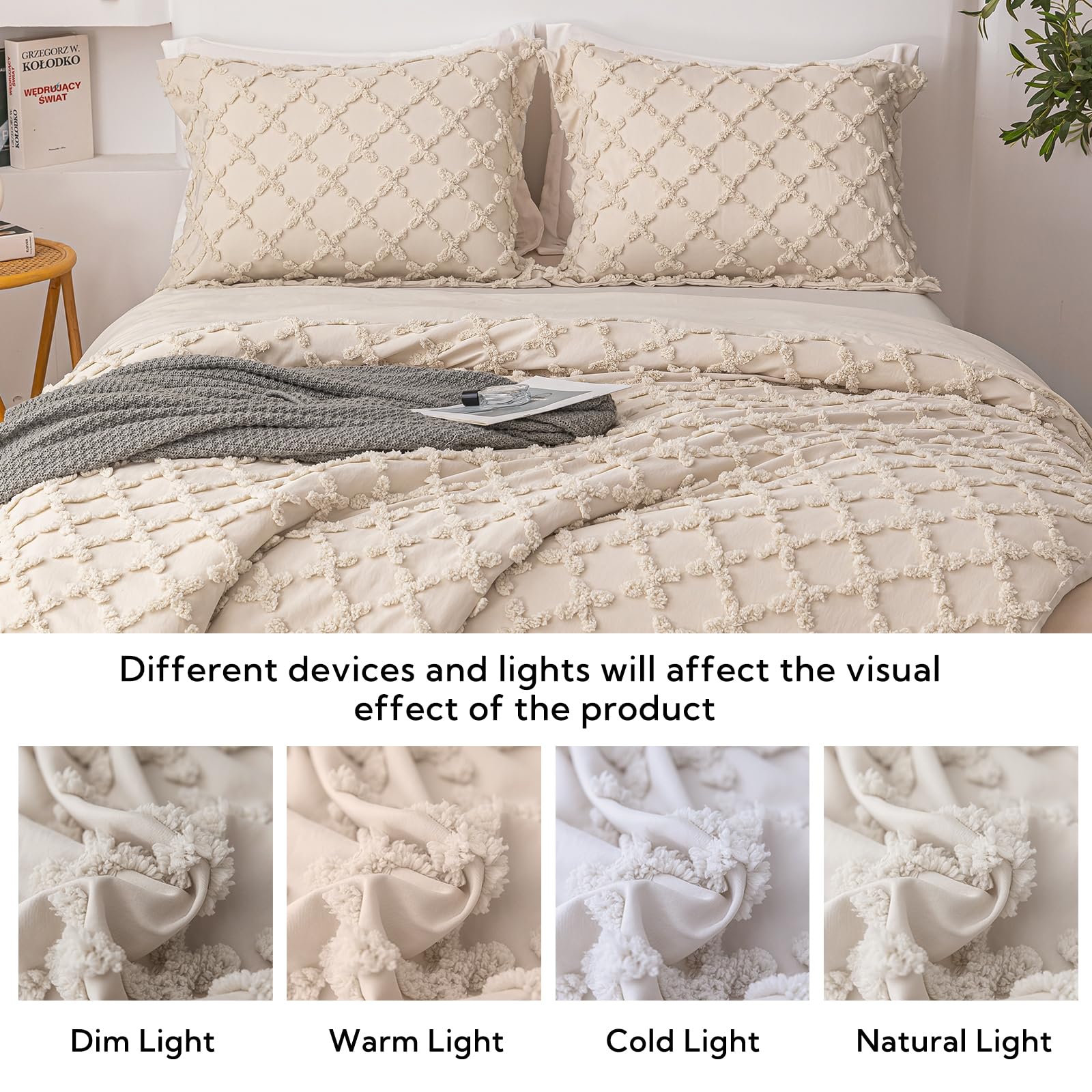 MILDLY Boho Duvet Cover King Size, 3 Pieces Shabby Chic Khaki King Size Comforter Cover for Home, Soft Tufted Duvet Cover with Corner Ties & Zipper Closure-No Comforter