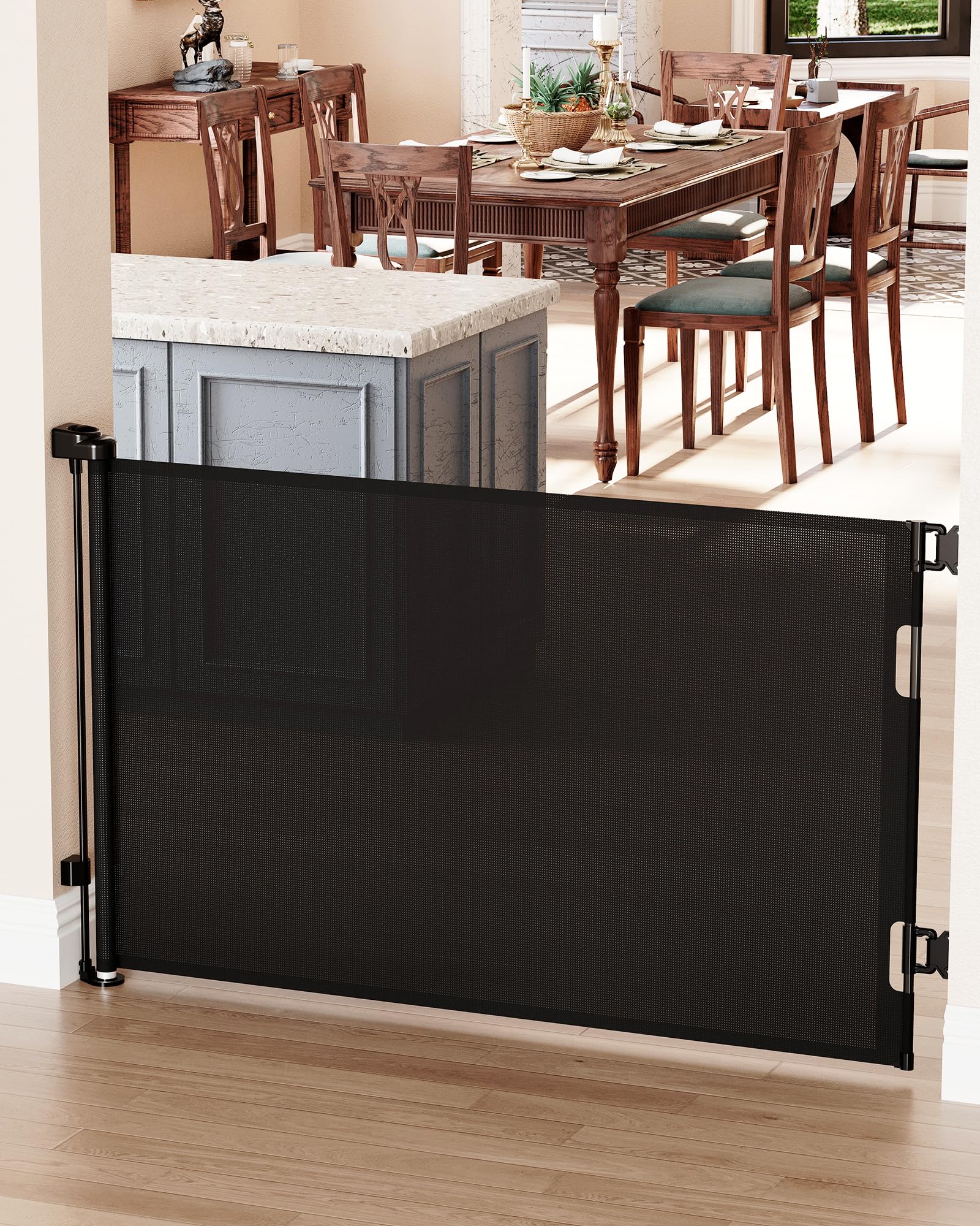 Cumbor Baby Gate Retractable Gates for Stairs, Mesh Dog Gate for The House, Wide Pet Gate 33" Tall, Extends to 55" Wide, Long Child Safety Gates for Doorways, Hallways, Cat Gate Indoor/Outdoor(Black)